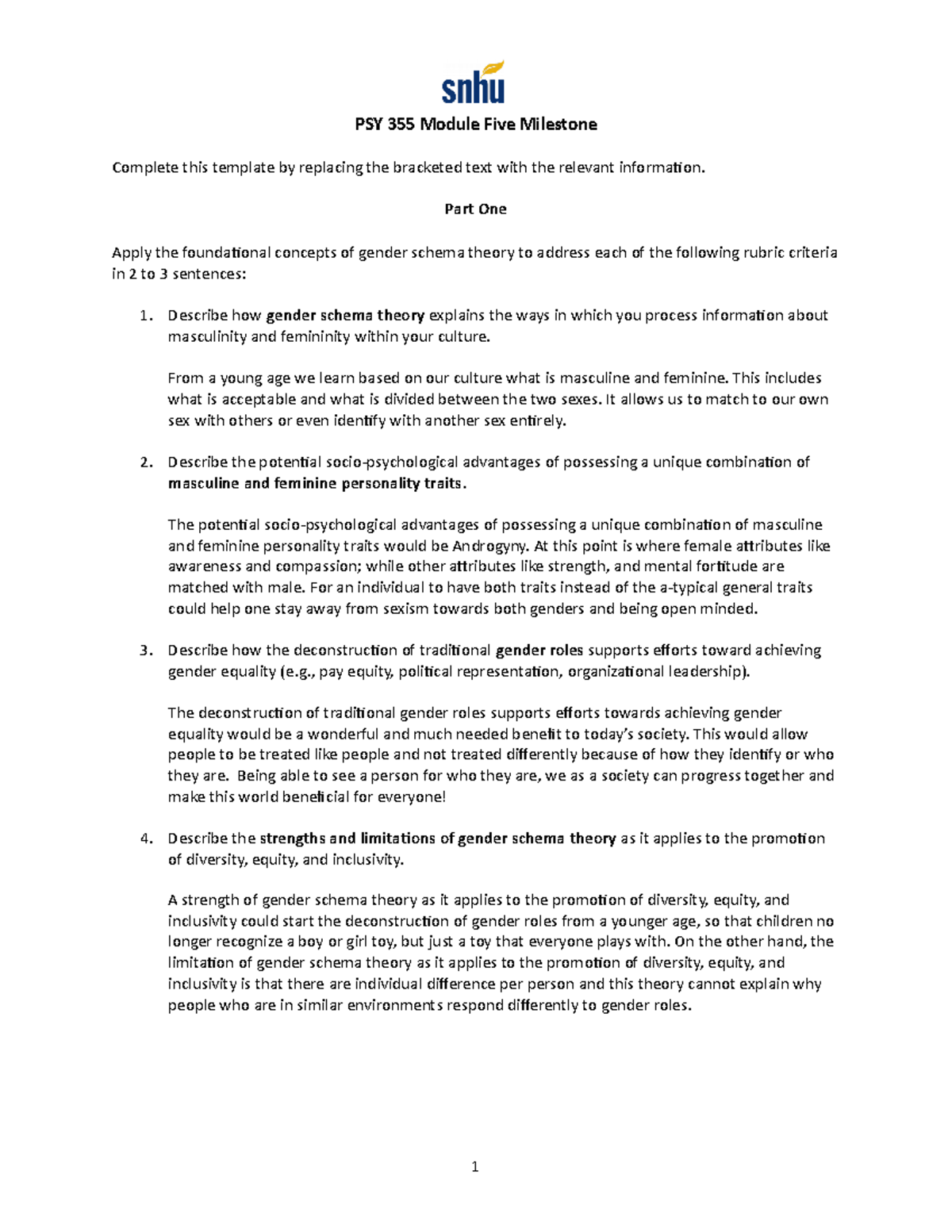 PSY 355 Module Five Milestone: Gender Schema & Social Role Theories ...