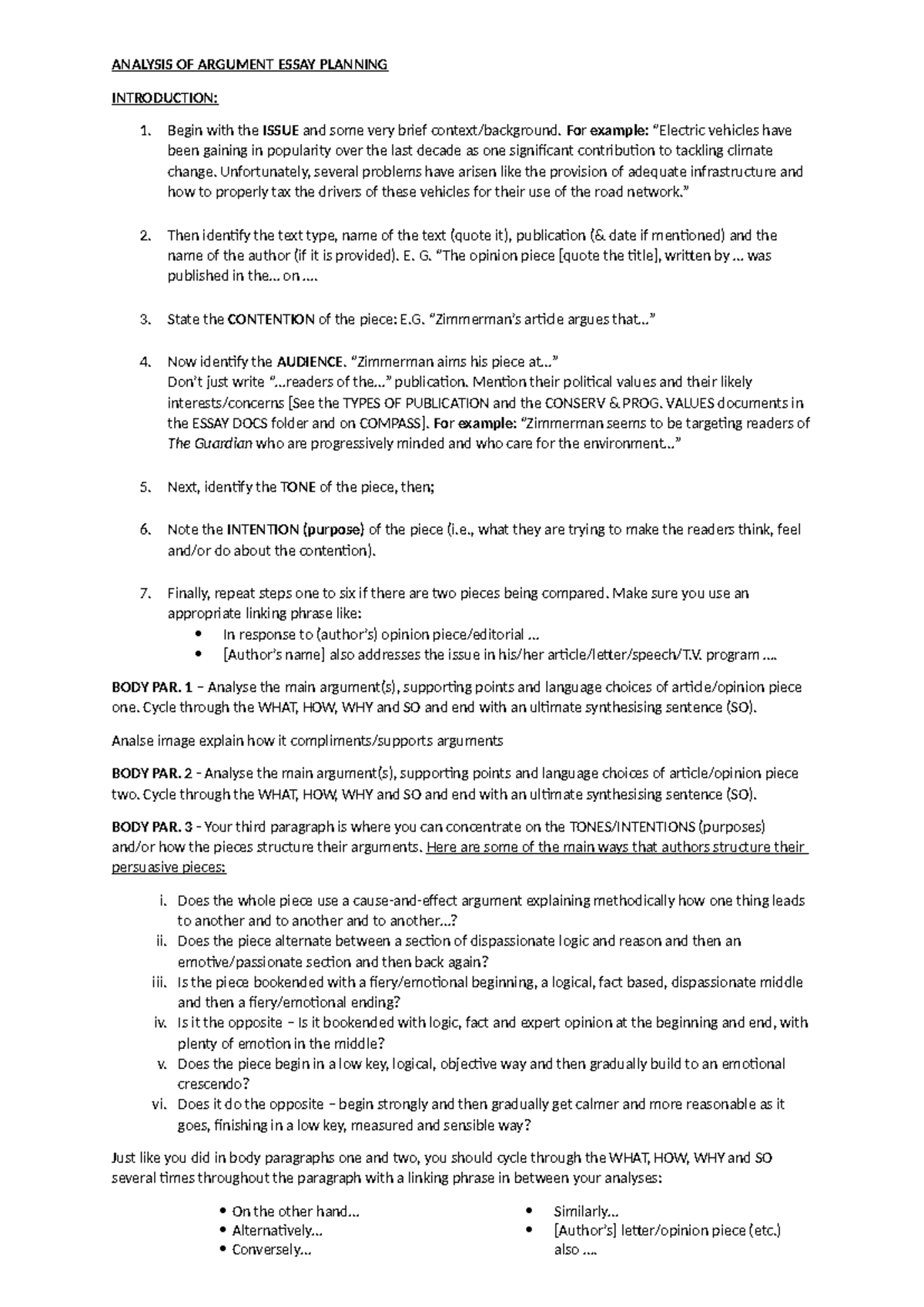 Analysis of Argument Essay Planning: Structure & Techniques - Studocu