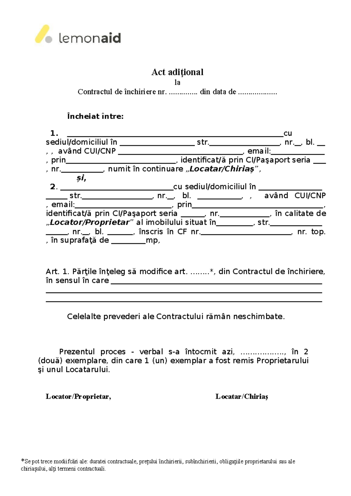 Act Adițional la Contractul de Închiriere nr. ... din data de ... - Studocu