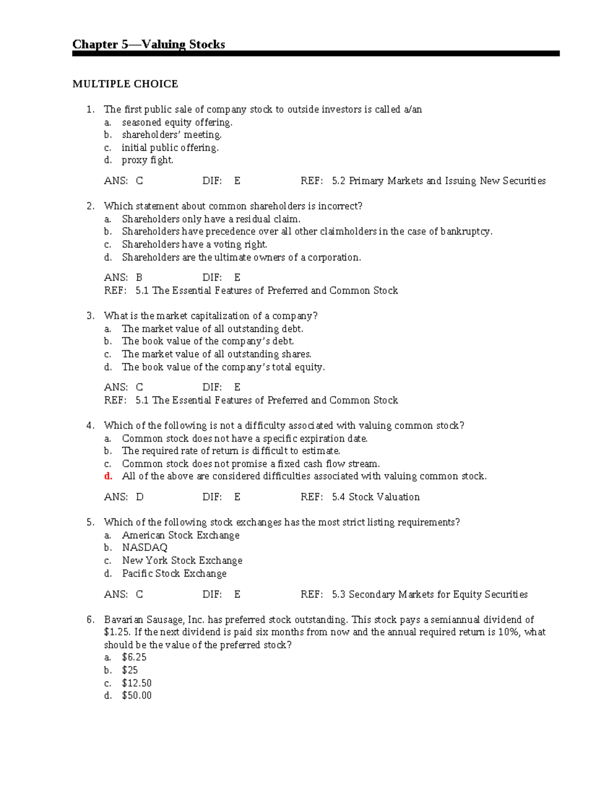 Chapter 5 - Valuing Stocks Test Bank (Test5) - Studocu
