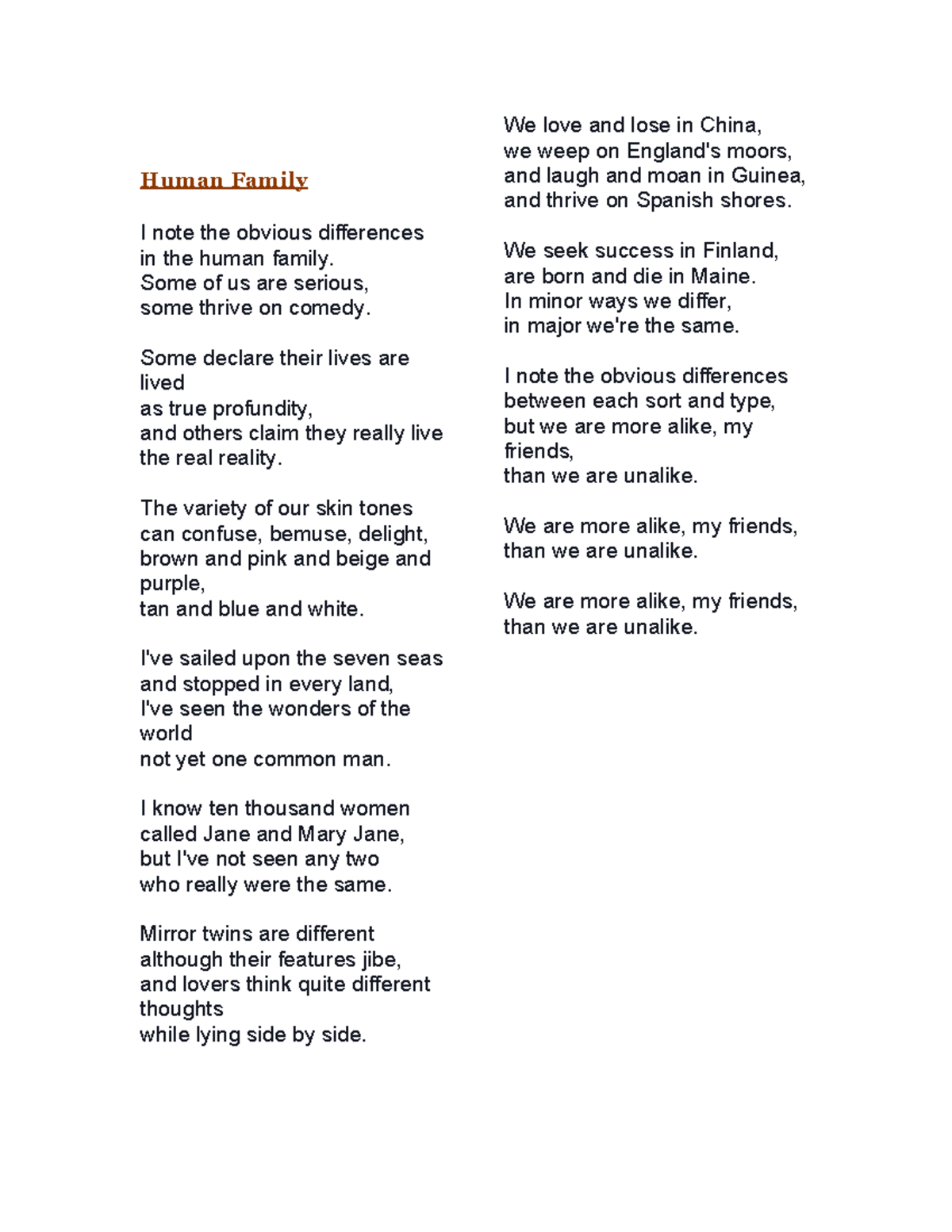 ENG 101: Human Family Poem Analysis and Reflection - Studocu