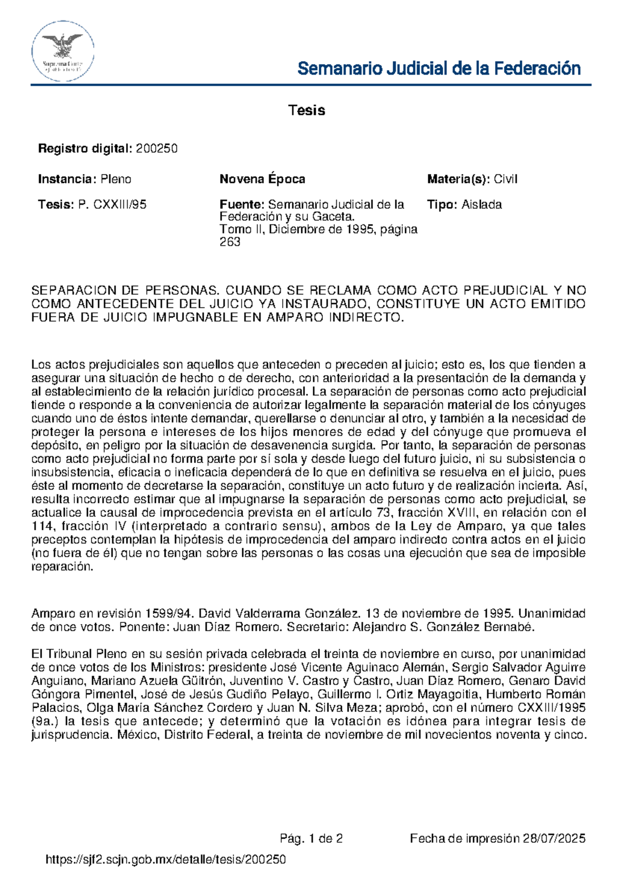 Tesis 200250: Separación de Personas como Acto Prejudicial en Amparo ...