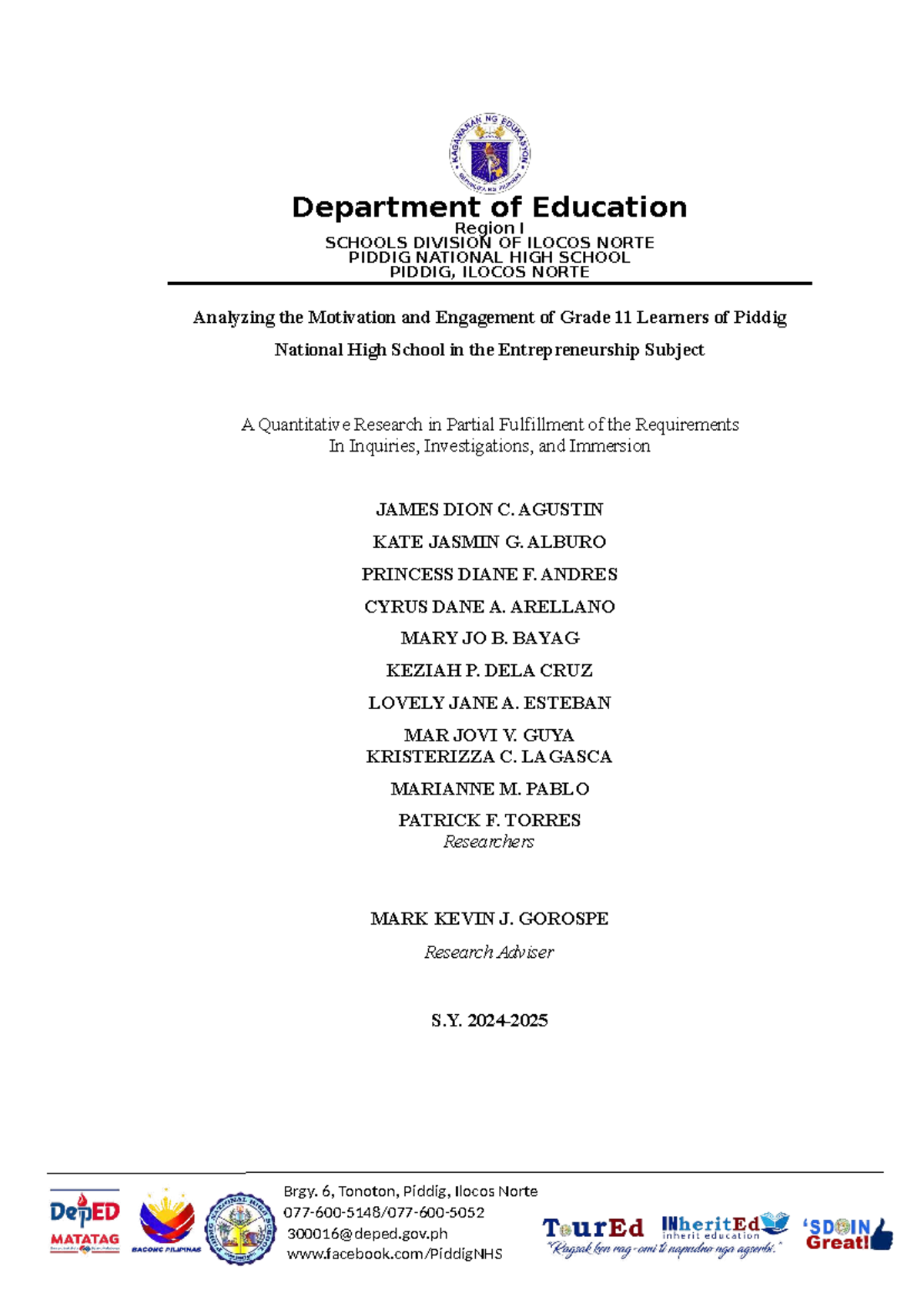 Analyzing Motivation & Engagement of Grade 11 Learners in Entrep (ABM ...