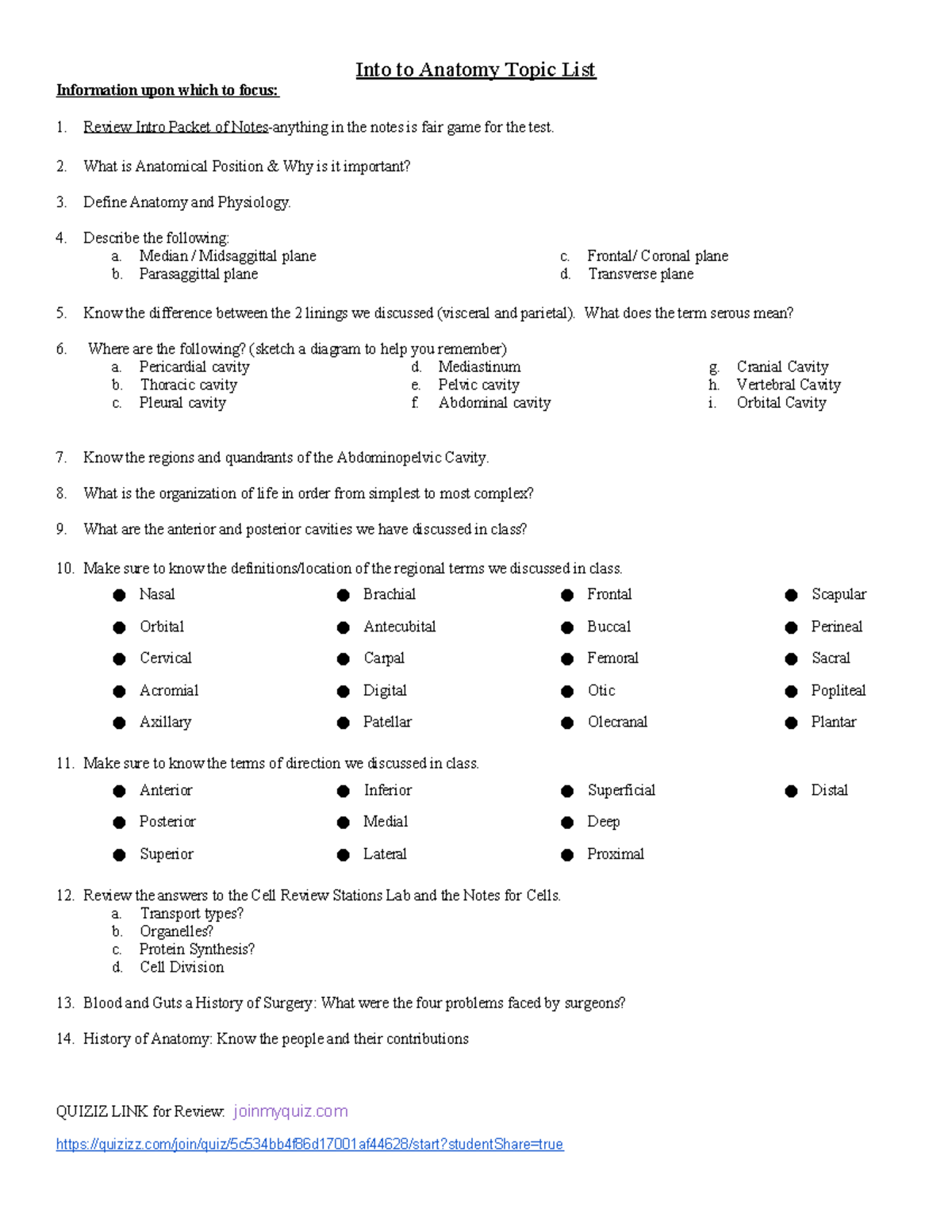 Copy of Intro to Anatomy Topic List 2022 - Into to Anatomy Topic List ...