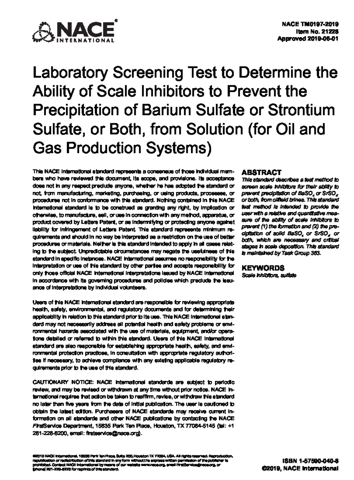 NACE TM0197-2019 Scale inhibitors Test - N A C E T M 0 1 9 7 - 2 0 1 9 ...
