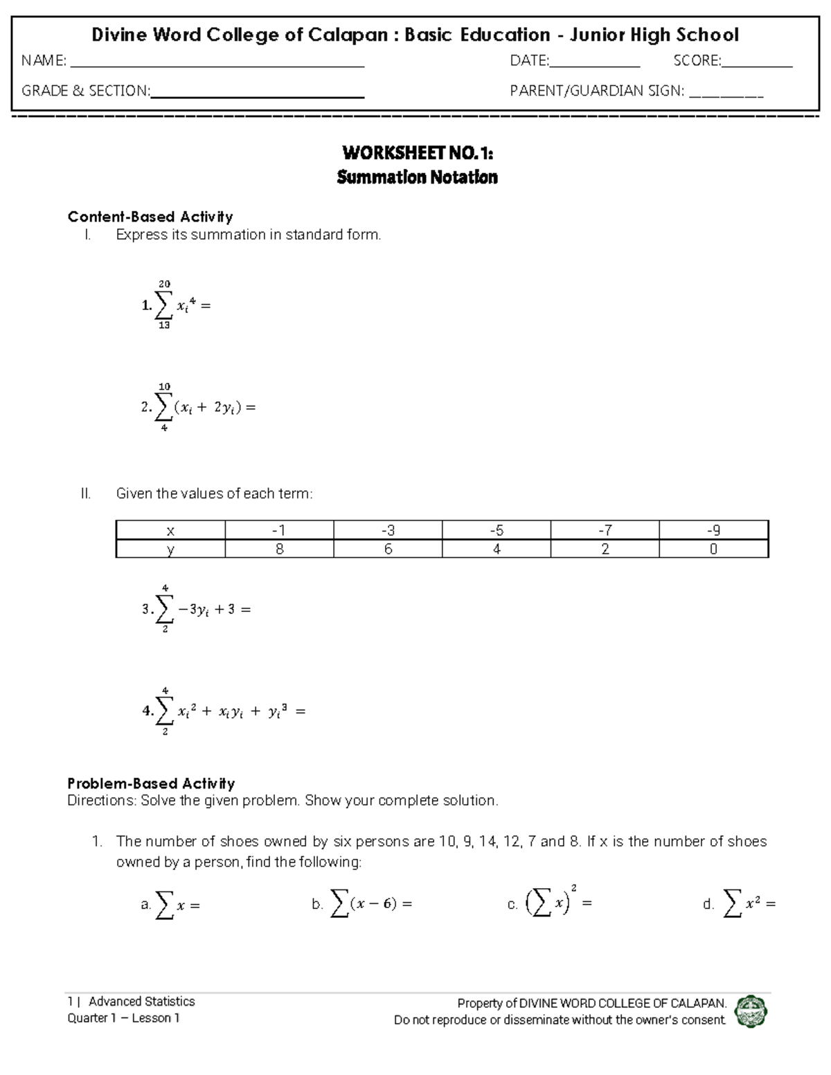 ASR9-Q1 Worksheet 1: Summation Notation for Advanced Statistics - Studocu