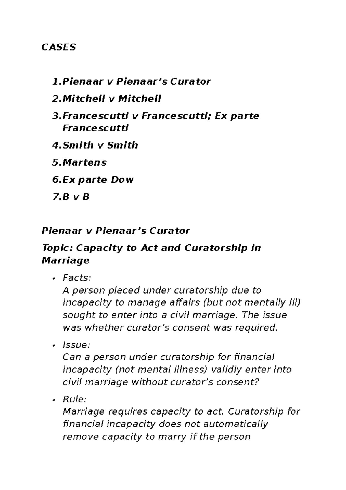 CFML02 - Cases on Capacity to Act and Curatorship in Marriage - Studocu