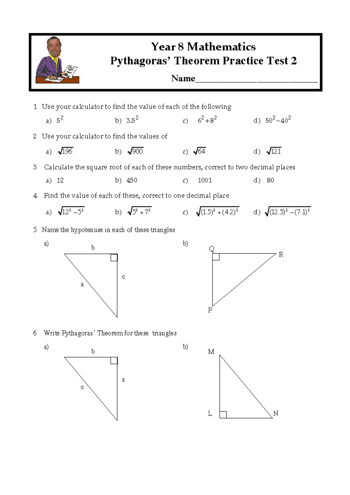 Year 8 Mathematics Pythagoras Theorem Practice Test 2 - Studocu