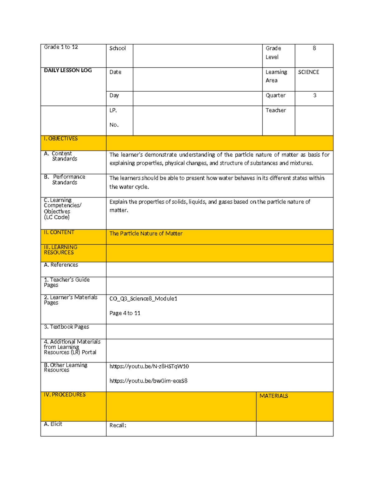 Lesson Plan - none - Grade 1 to 12 School Grade Level 8 DAILY LESSON ...