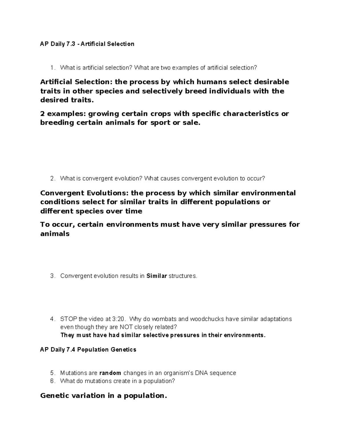 AP Video Notes for Unit 7: Evolution, Selection, and Speciation - Studocu