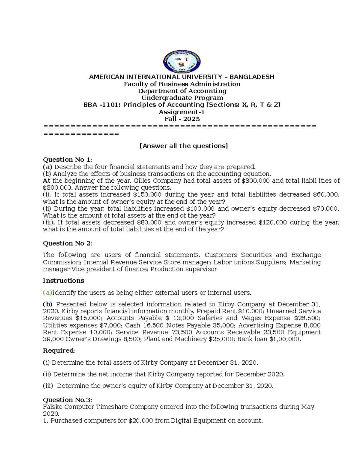 Mock Test 1 - UG - Principles of Accounting (BBA) - Fall 2025 - Studocu