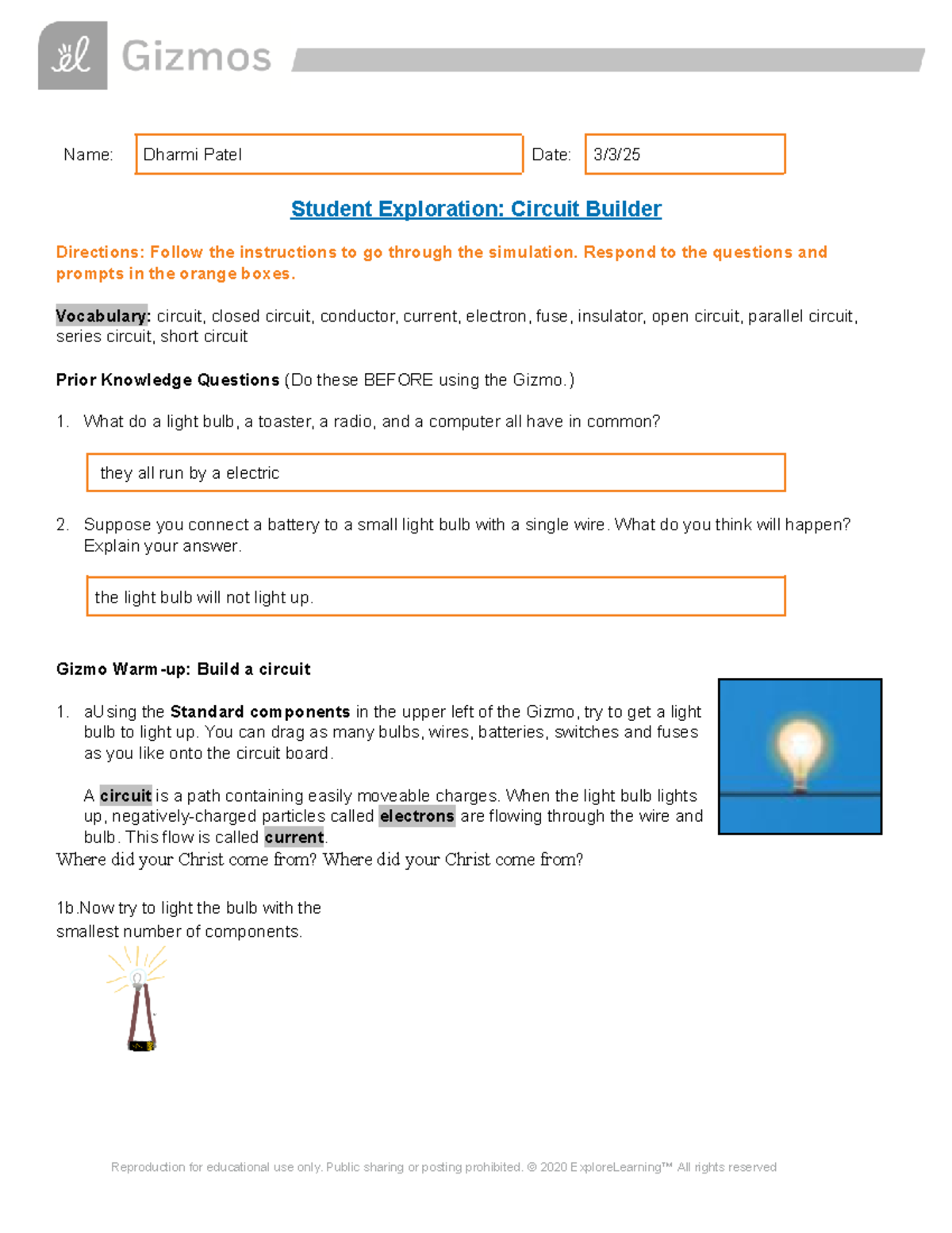 Dharmik Patel - Copy of Circuit Builder SE - Name: Dharmi Patel Date: 3/3/ Student Exploration ...