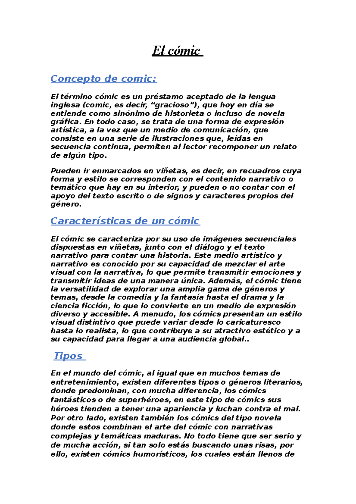 Tema el cómic - Estructura y tipos de párrafo - El cómic Concepto de ...