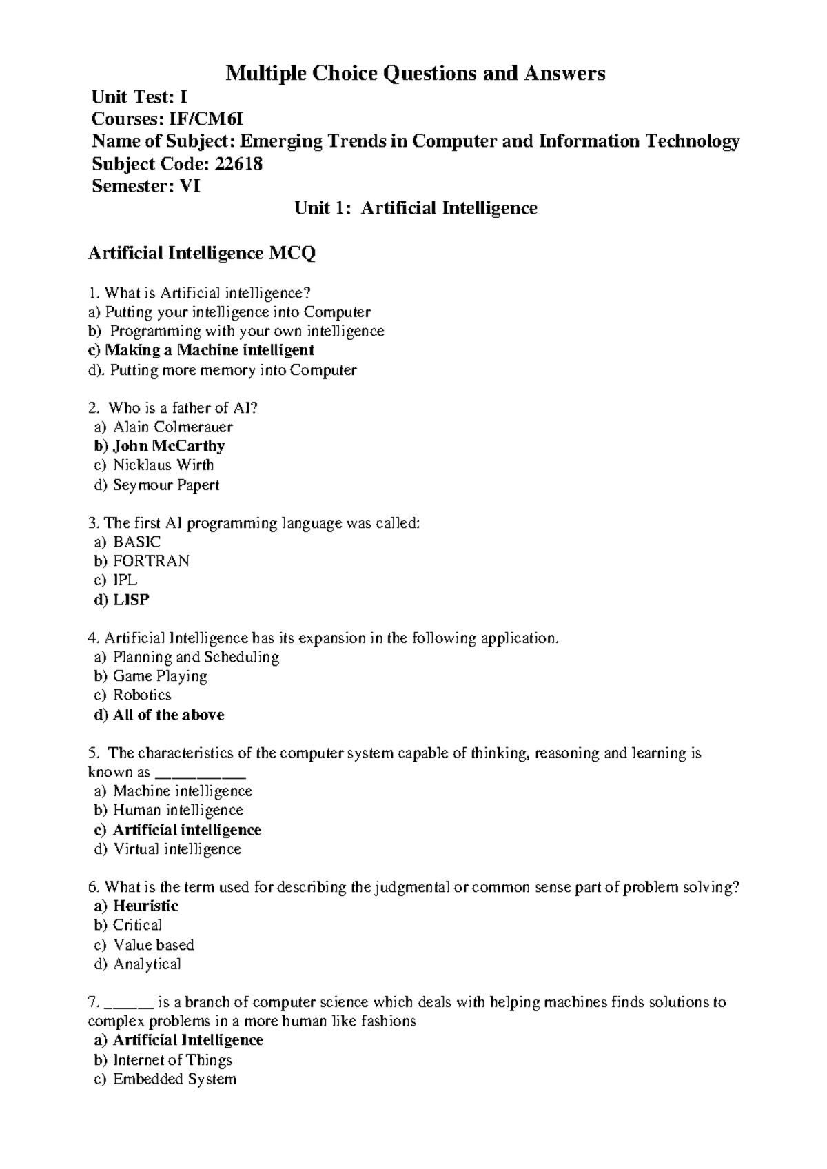ETI-22618-UT1 Question Bank: MCQs on Emerging Trends in AI & IoT - Studocu