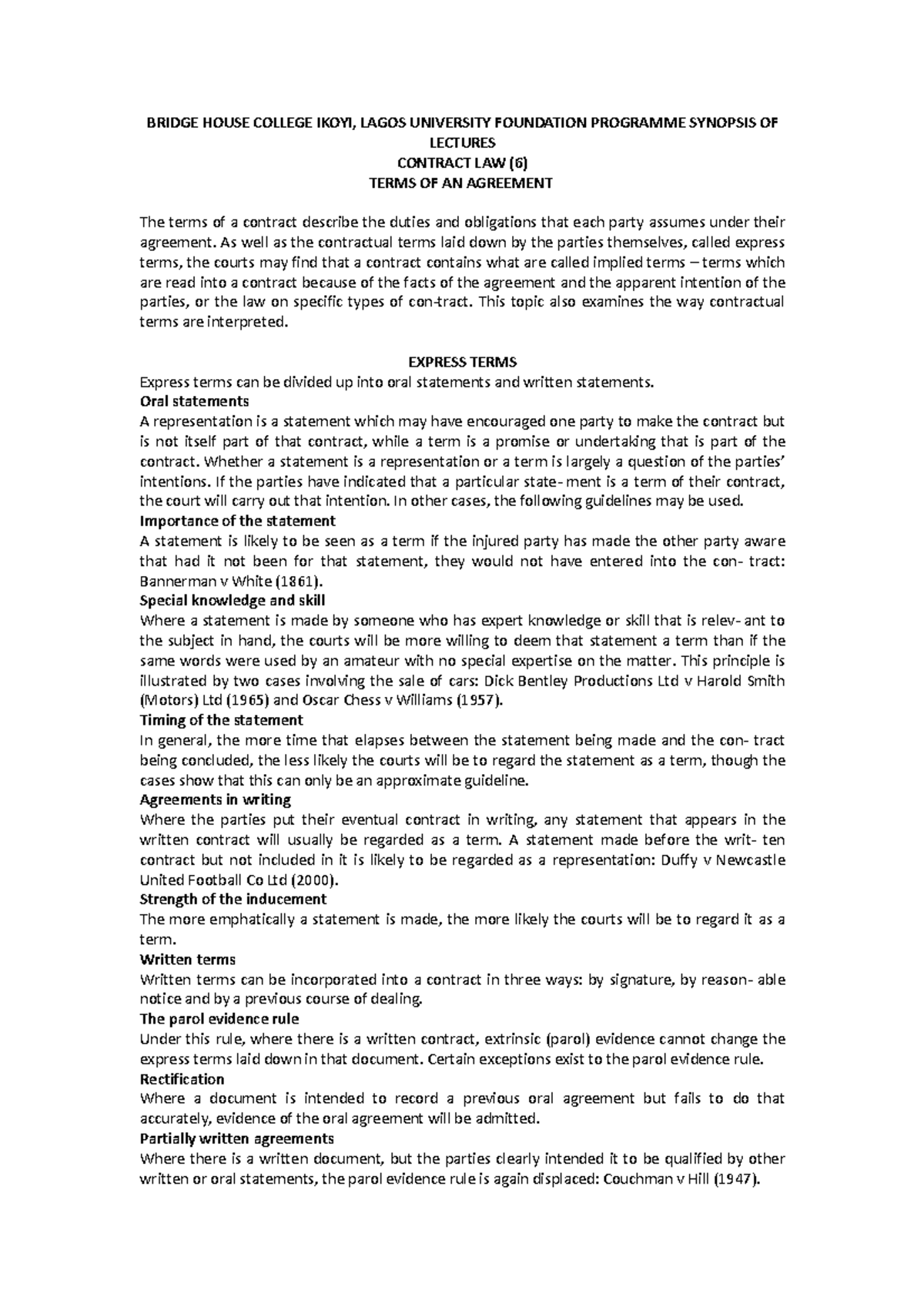 Contract Law (6): Understanding the Terms of an Agreement - Studocu