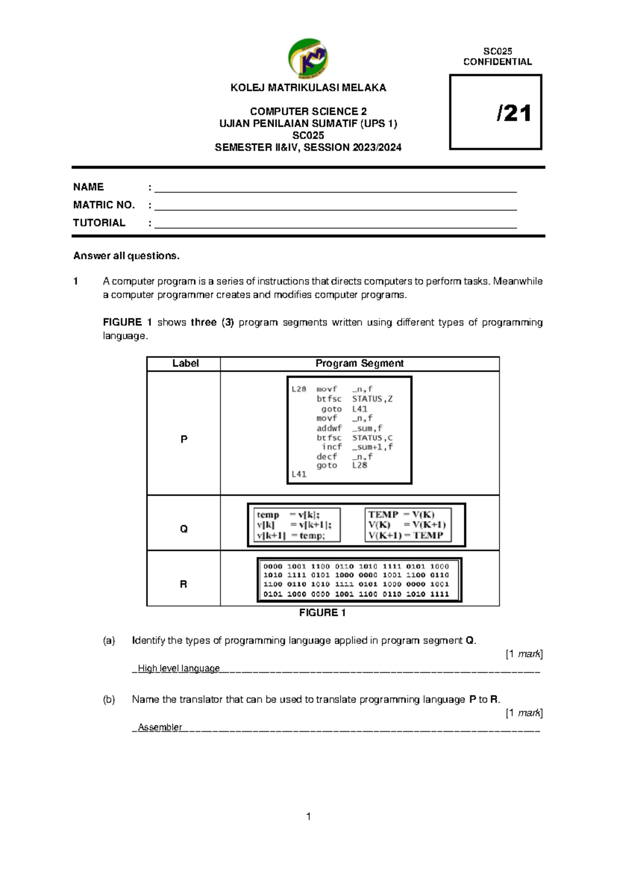 UPS1 SC025 20232024 - KOLEJ MATRIKULASI MELAKA COMPUTER SCIENCE 2 UJIAN PENILAIAN SUMATIF (UPS 1 ...
