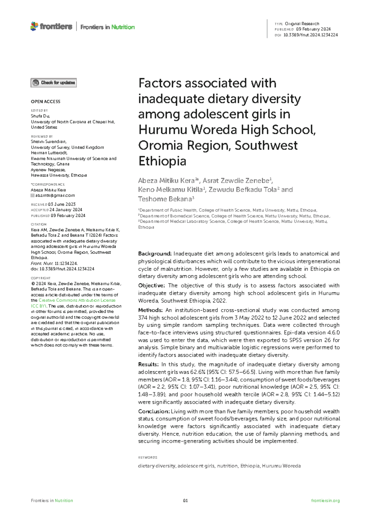 Factors Influencing Dietary Diversity Among Adolescent Girls in Hurumu ...