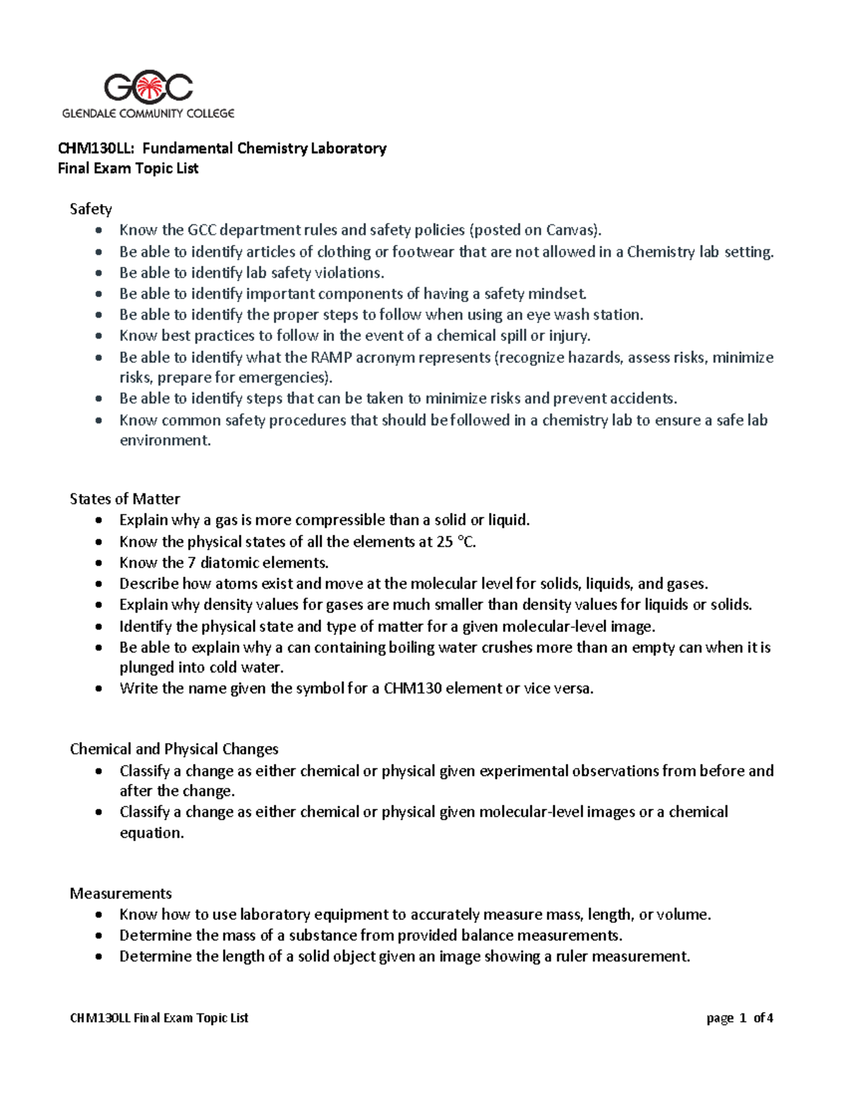 CHM130LL: Final Exam Topic List for Chemistry Lab Safety and Concepts ...