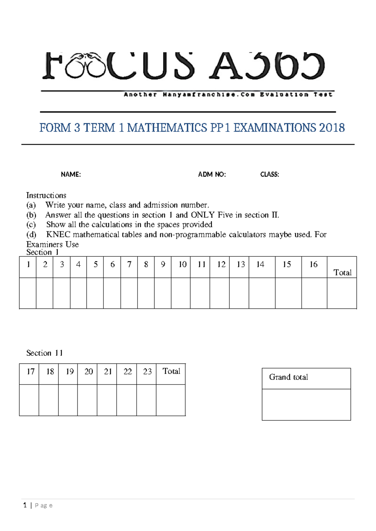Mathematics form 3 pp1 - summary questions for revision - FORM 3 TERM 1 ...