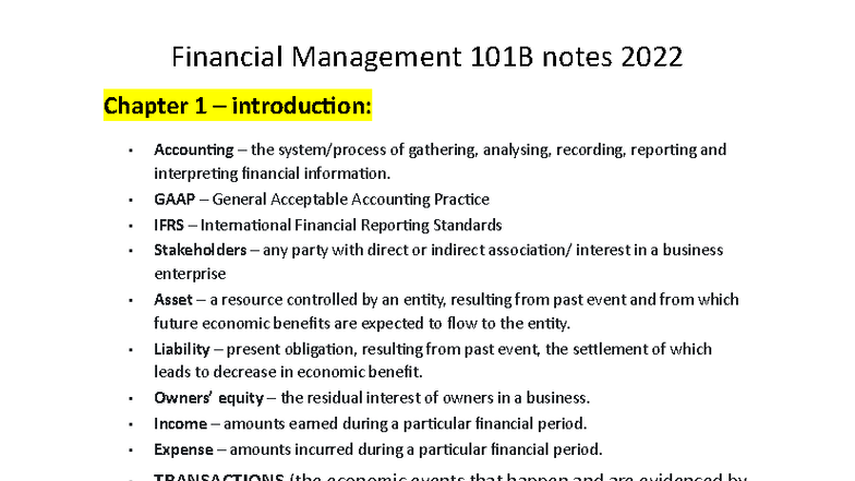 FM101B Notes: Financial Management Introduction & Key Concepts - Studocu