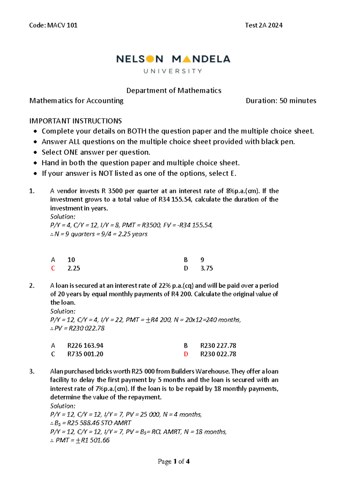 MACV 101 Test 2A Memo 2024: Mathematics for Accounting Solutions - Studocu