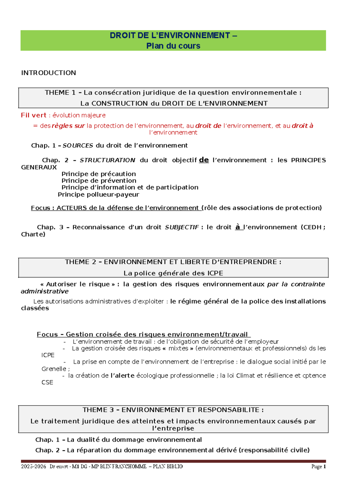 Droit de l'Environnement M1 DG - Plan de Cours et Bibliographie 2025 ...