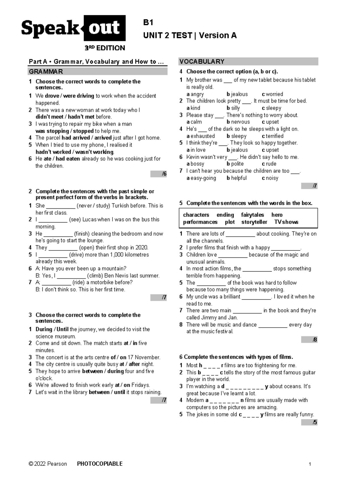 B1 UNIT 2 TEST Version A: Grammar and Vocabulary Practice - Studocu