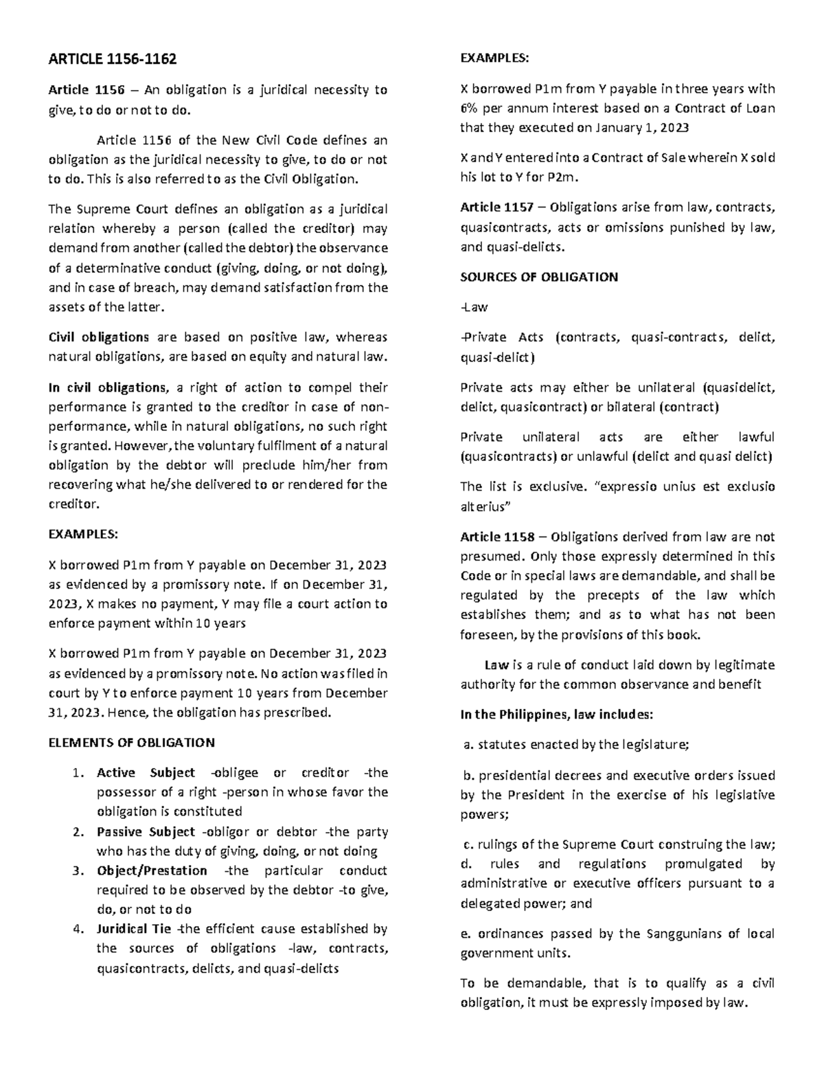 1156-1230 - Oblicon notes - ARTICLE 1156- Article 1156 – An obligation ...