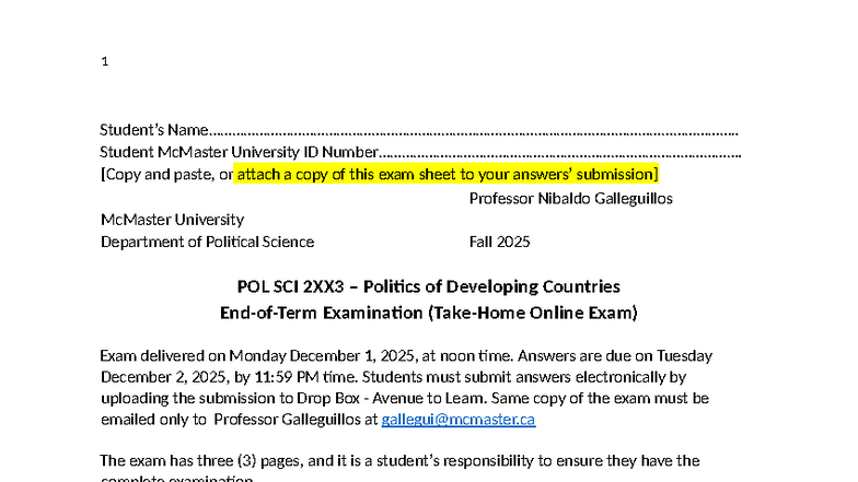 2025 FALL POL SCI 2XX3 Final Exam: Politics of Developing Countries ...