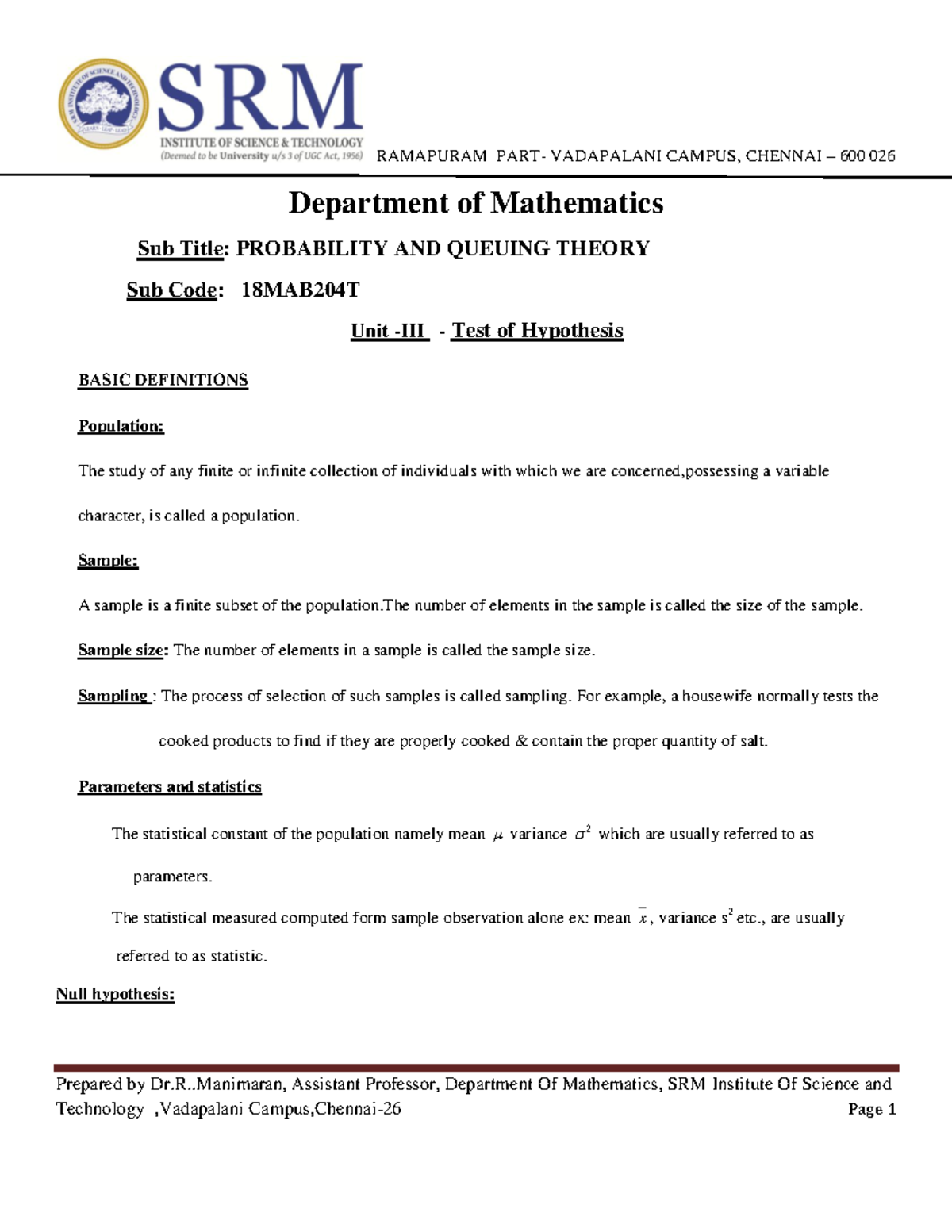 18MAB204T - Unit Test on Probability and Queuing Theory - Studocu
