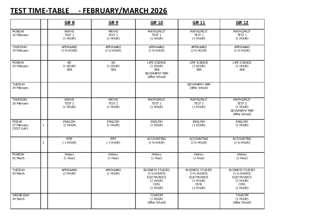 Test Timetable for February & March 2026 (Grades 8-12) - Studocu