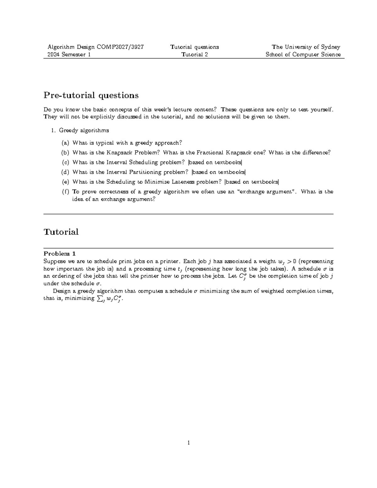 Tutorial 02a - Greedy Algorithms, Problem Solving (COMP3027) - Studocu