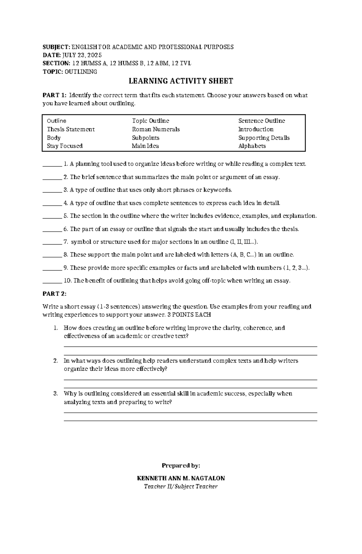 EAPP Learning Activity: Outlining Techniques - July 23, 2025 - Studocu