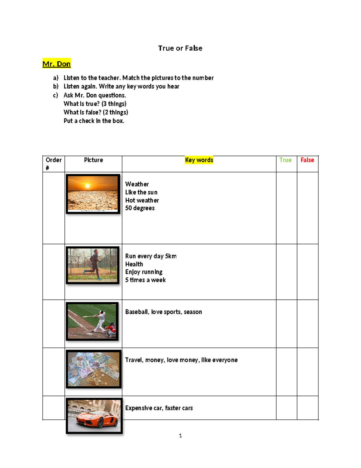 True or False Listening & Speaking Activities - Studocu