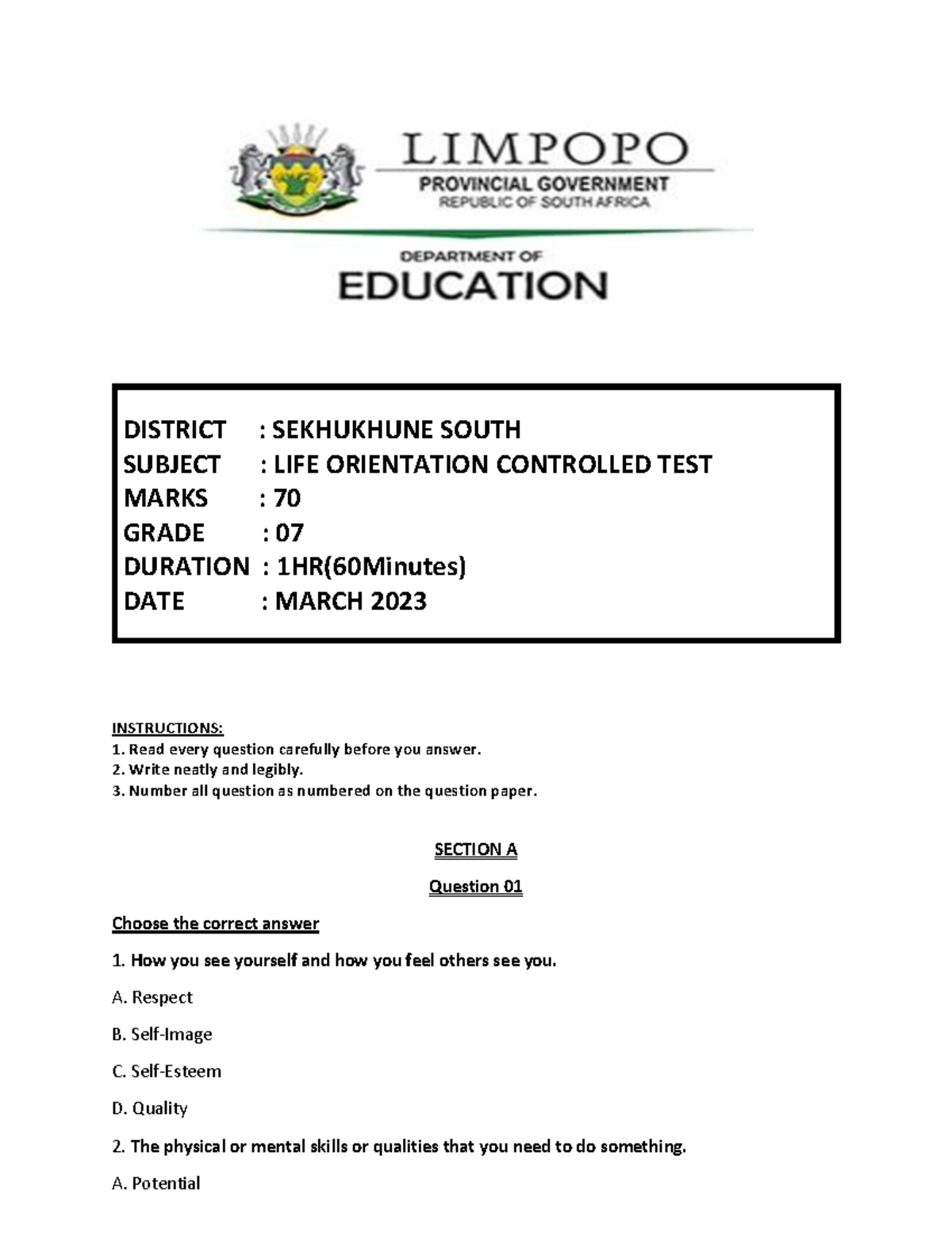 Grade 07 LO Controlled Test 2023 - Sekhukhune South - Studocu