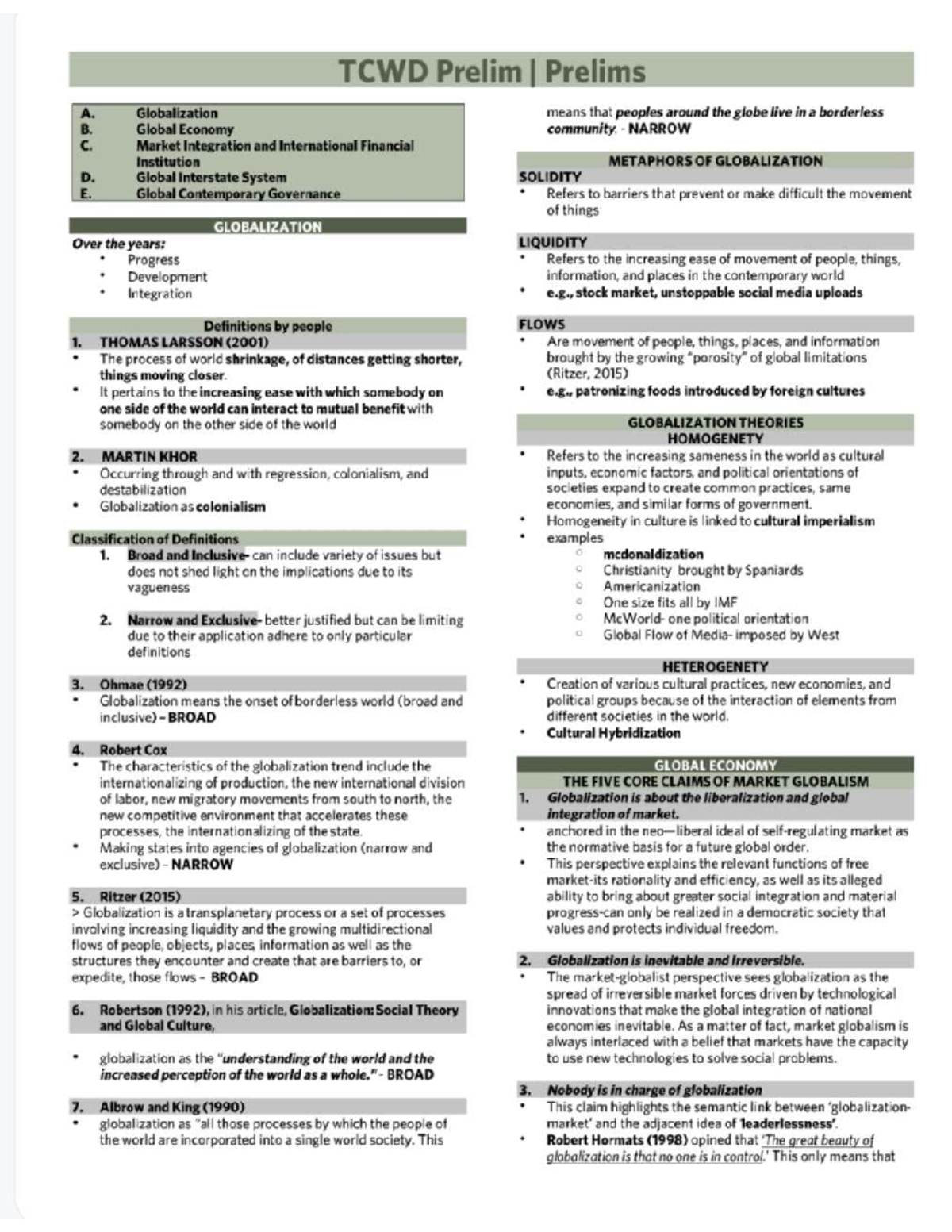 TCWD 3331: Prelim Notes on Globalization and Economic Integration - Studocu