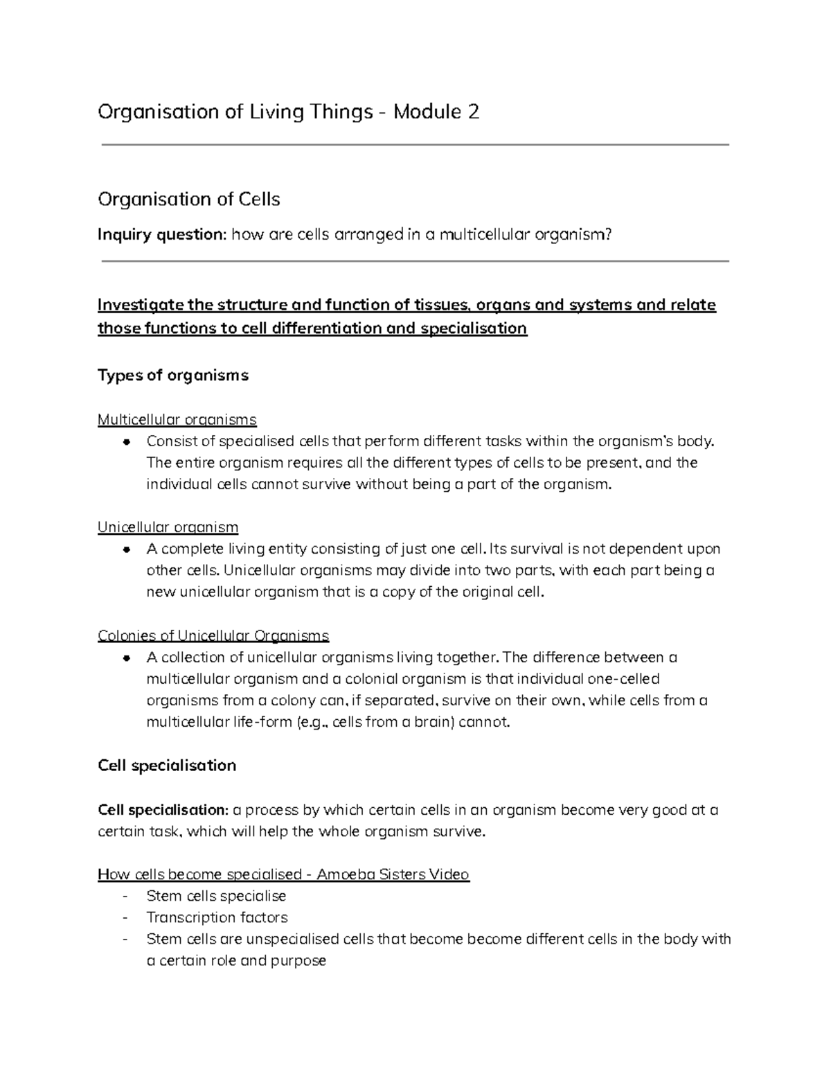 Biology Module 2: Organisation of Living Things - Cells, Tissues, and Systems - Studocu