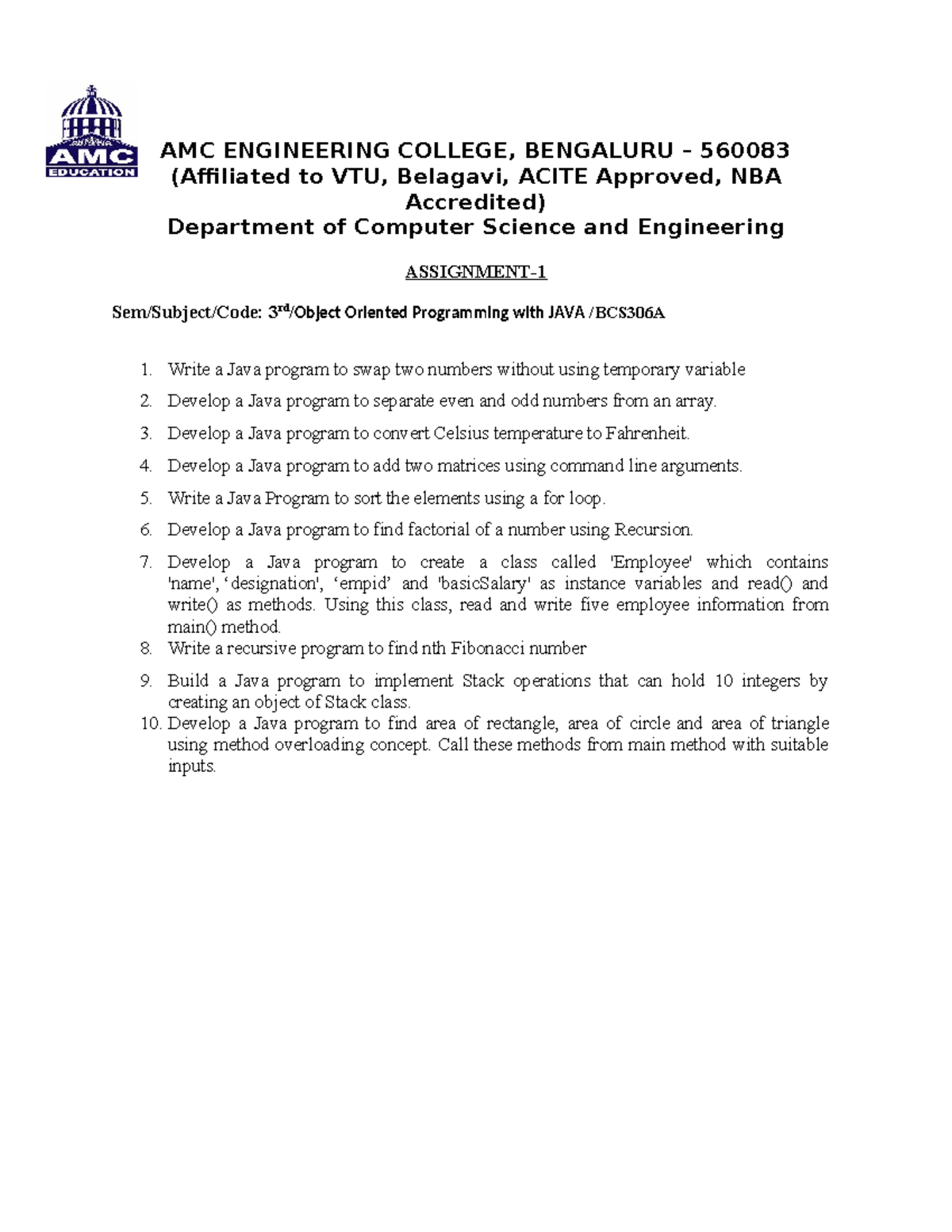 Java Assignment - AMC ENGINEERING COLLEGE, BENGALURU – 560083 ...