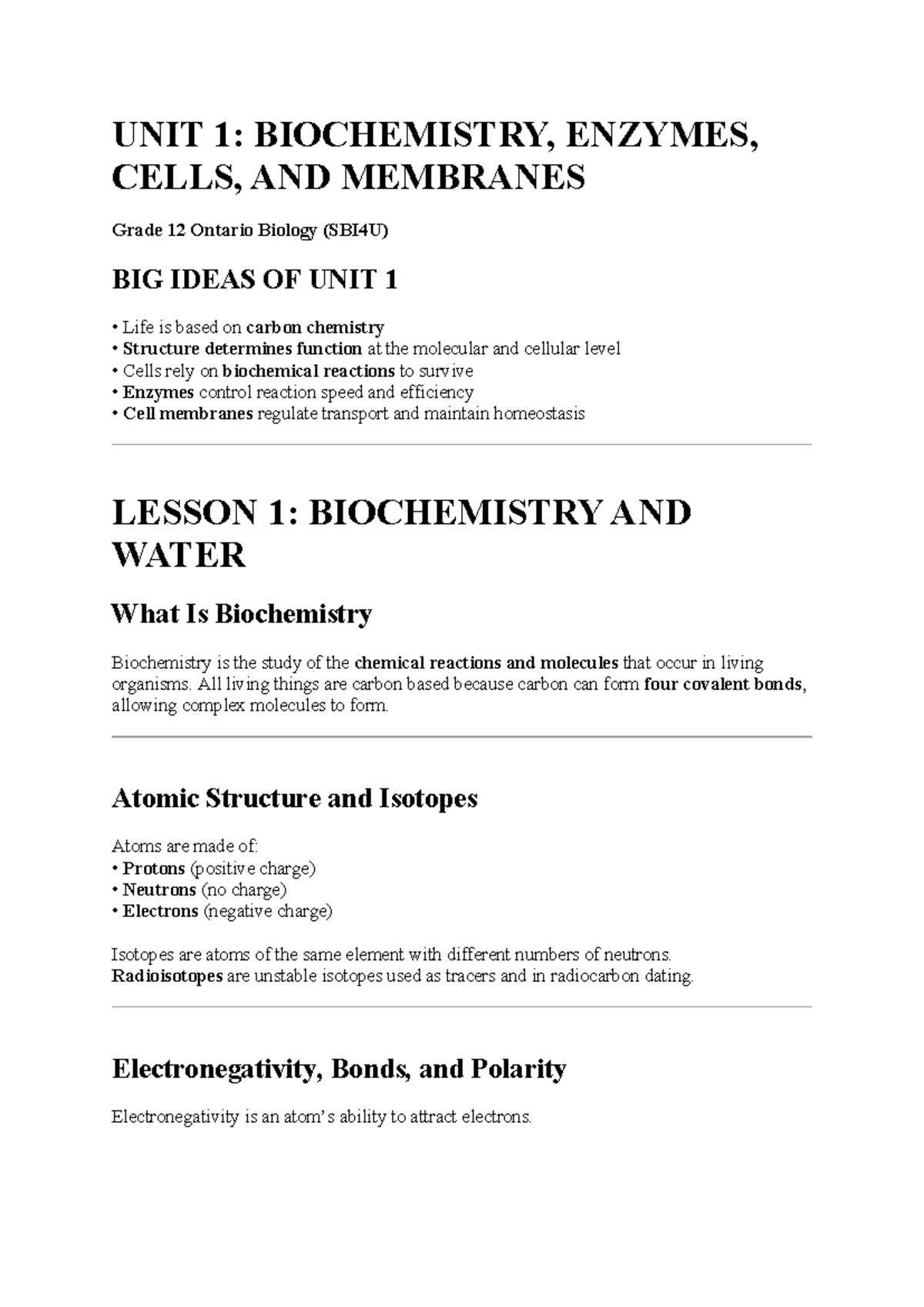 UNIT 1: BIOCHEMISTRY - Comprehensive Notes for SBI4U Biology - Studocu