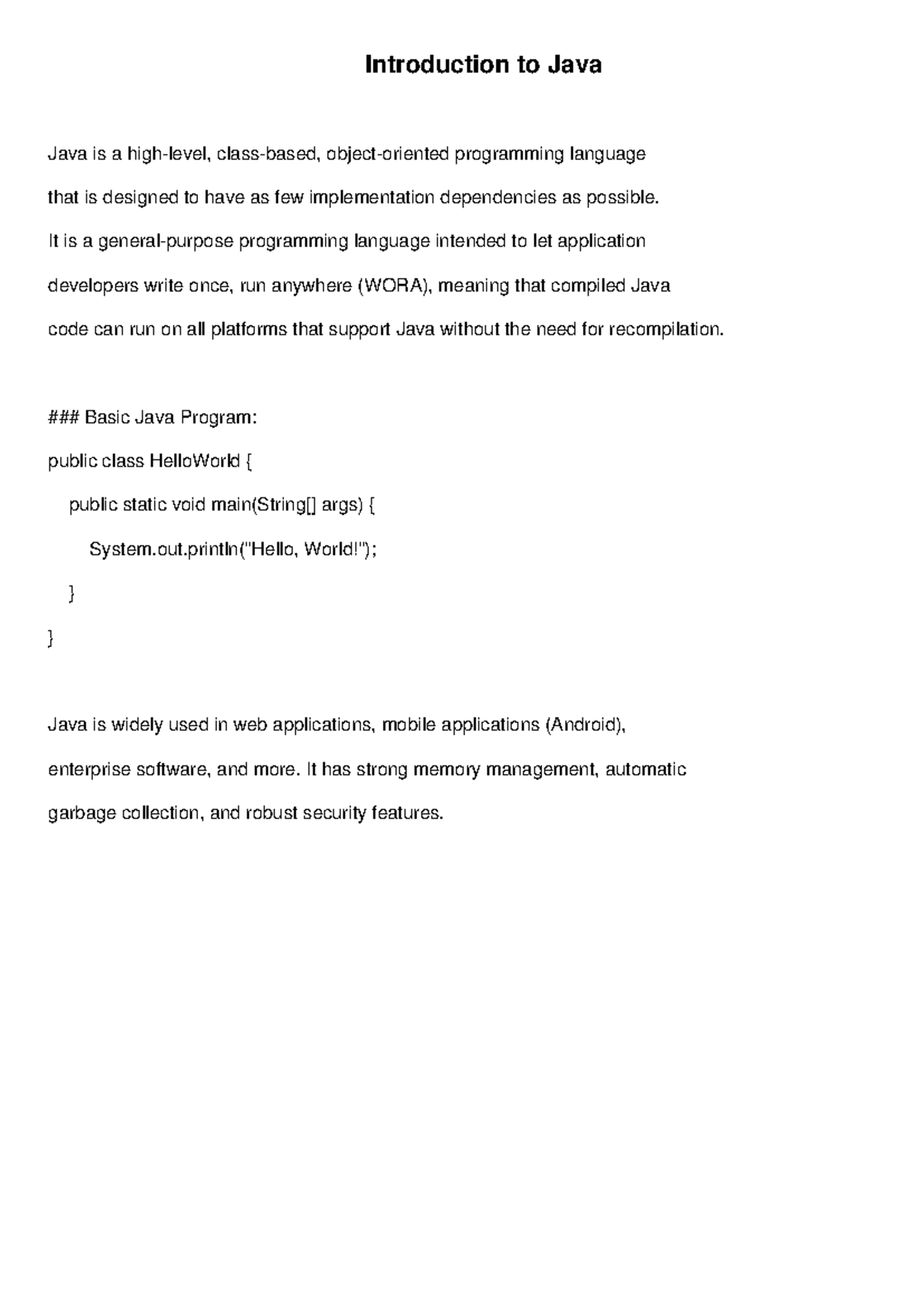 Java Introduction - Ueujjwn - Introduction to Java Java is a high-level ...