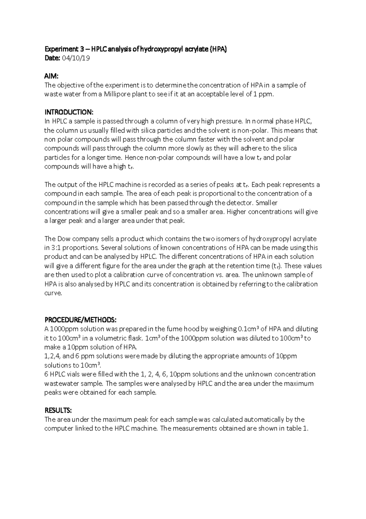 CH304C - Experiment 3: HPLC Analysis of Hydroxypropyl Acrylate (HPA ...