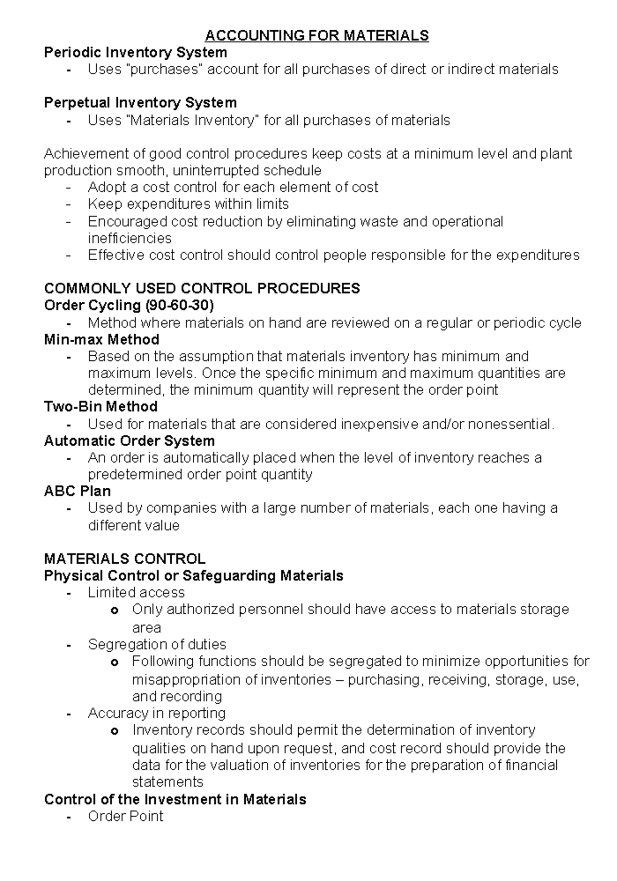 Accounting for Materials: Inventory Control & Cost Management - Studocu