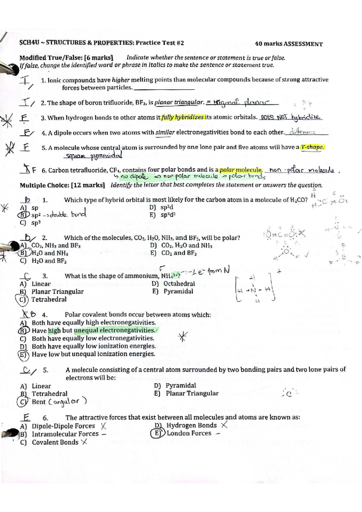 SCH4U STRUCTURES & PROPERTIES: Practice Test 40 Marks - Studocu