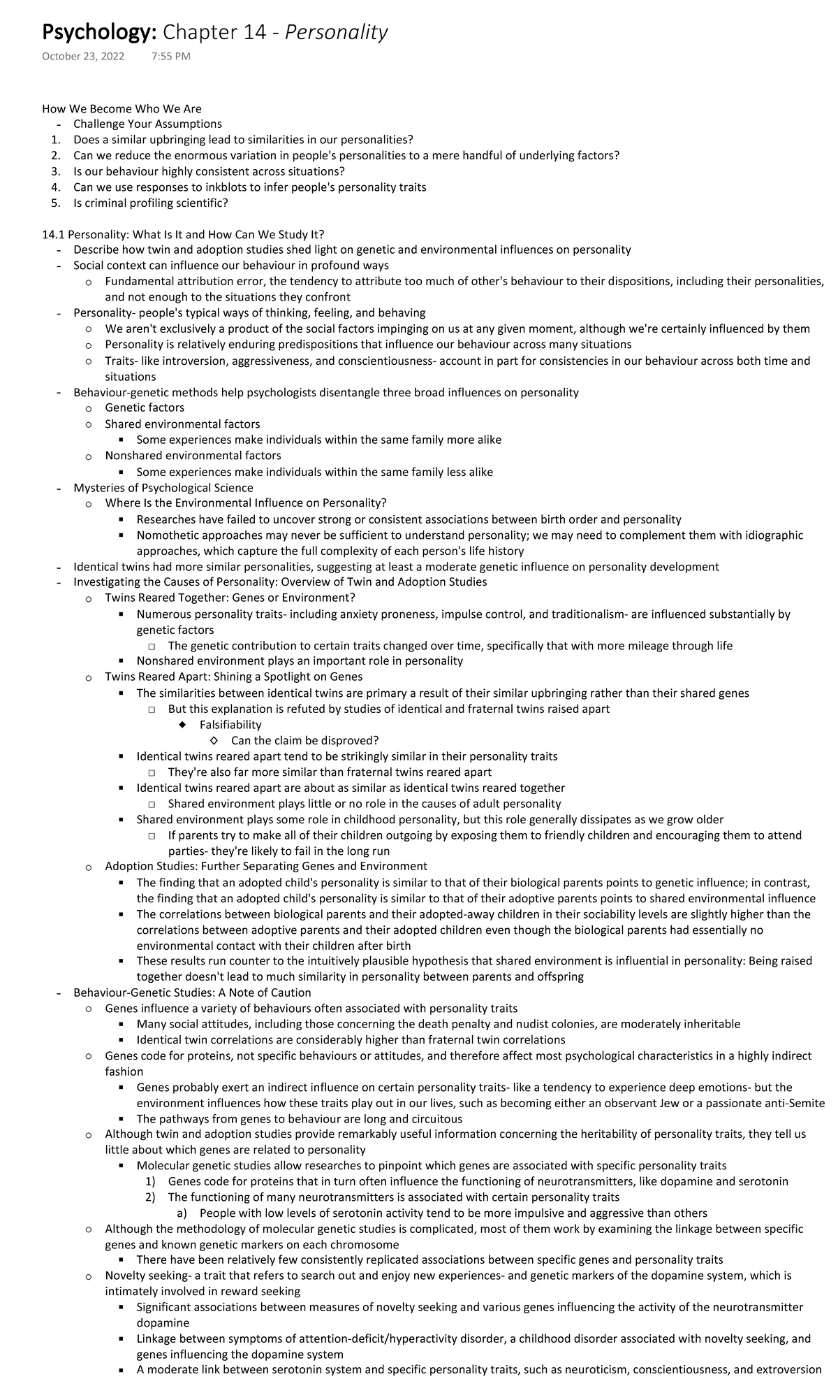 Psychology Chapter 14 Personality - Psychology Chapter 14: Personality ...