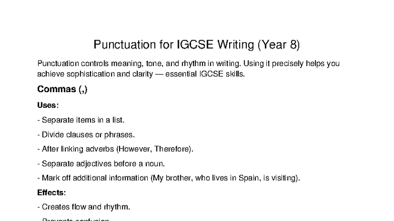 IGCSE Year 8 Punctuation Practice: Uses and Effects Explained - Studocu