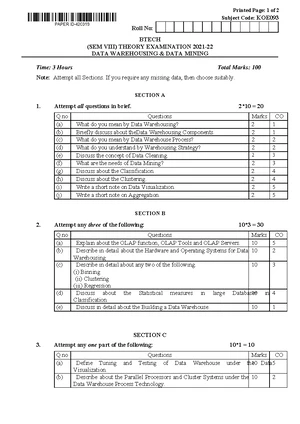 Dwdm 1 - Unit 1 of Data Warehouse and Data mining of AKTU - 1) (DATA WAREHOUSING) 1) Data ...