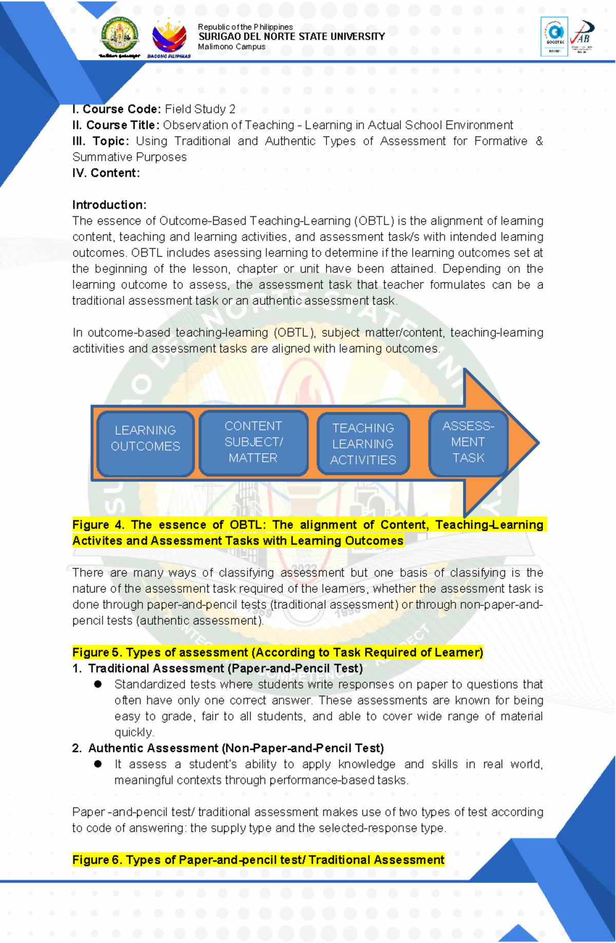 Field Study 2: Traditional & Authentic Assessment Methods - Studocu