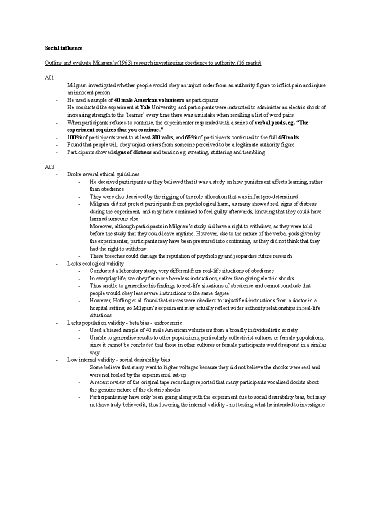Psychology A Level: Paper 1 Essay Plans on Obedience & Resistance - Studocu