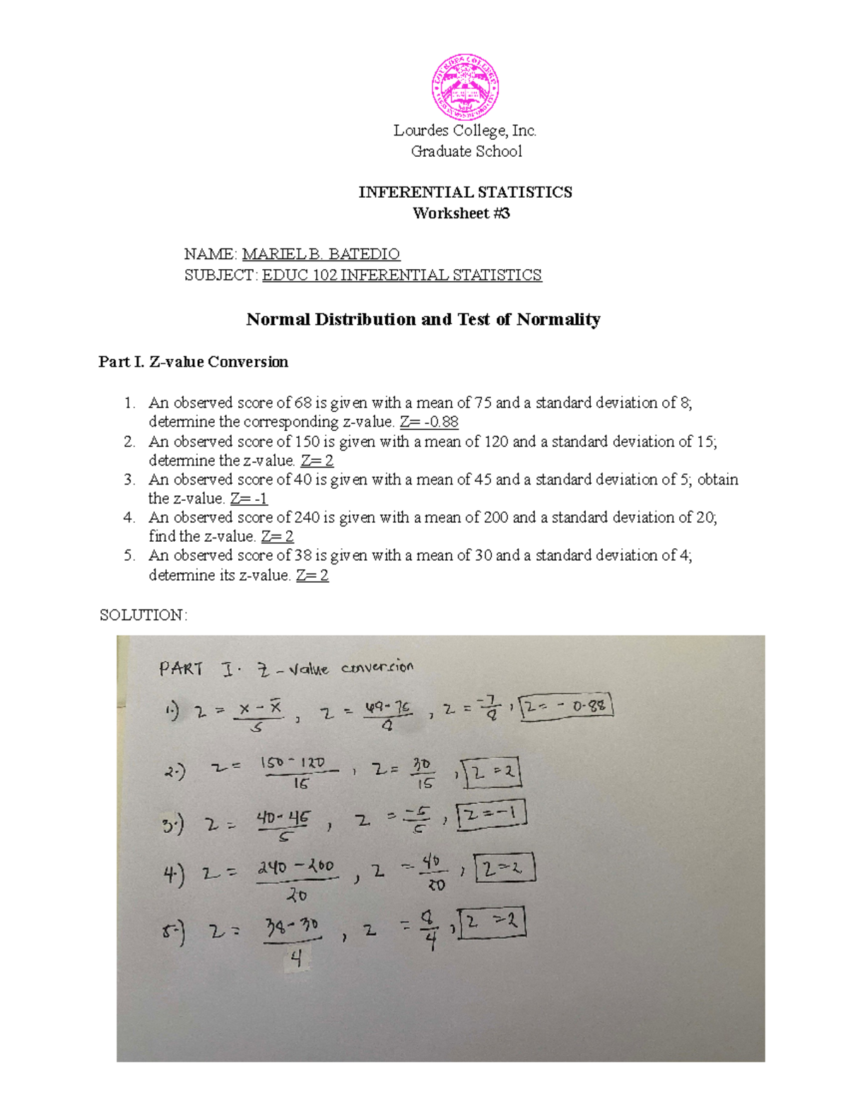 EDUC 102 Worksheet #3: Normal Distribution & Normality Test - Studocu
