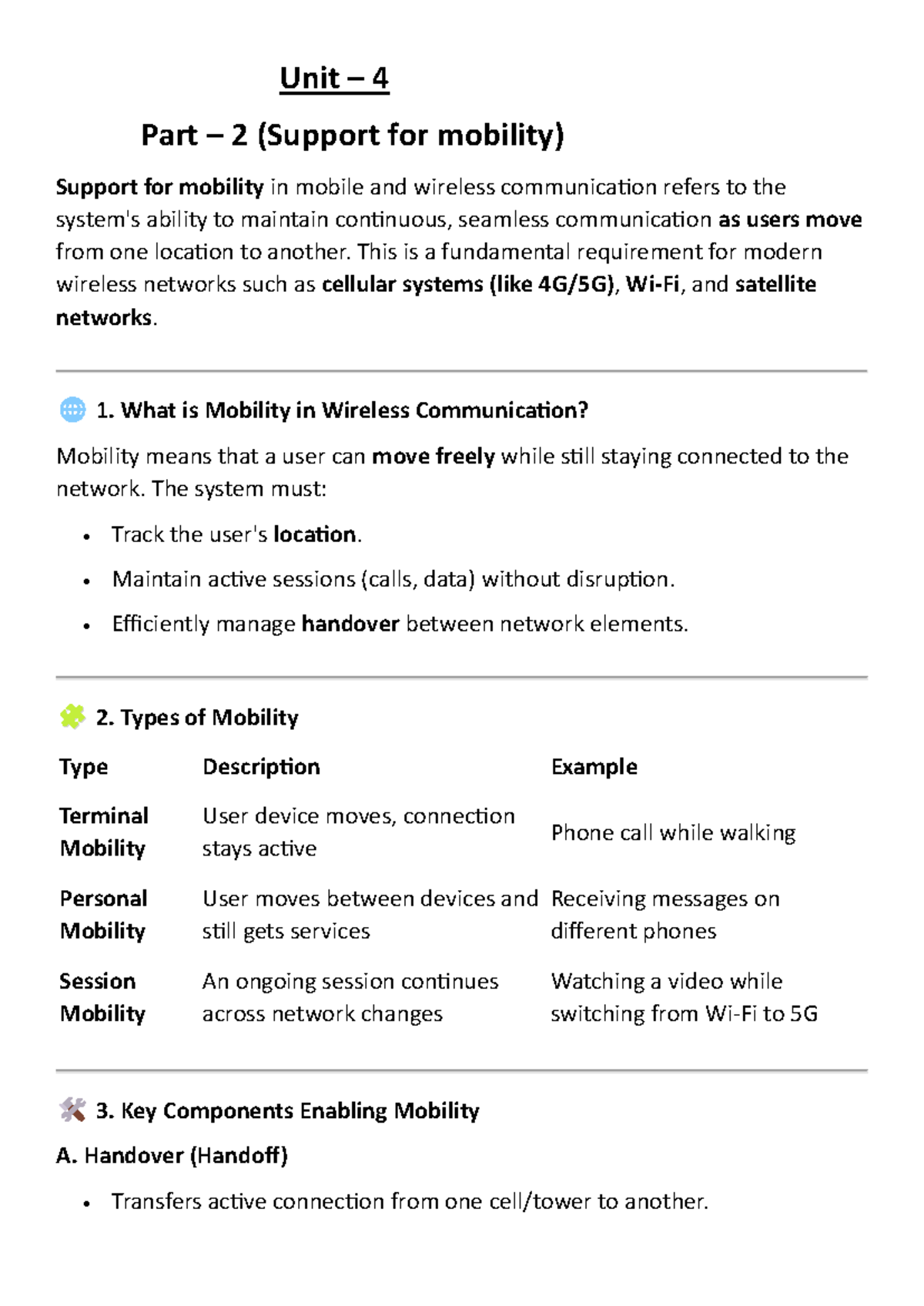 Unit 4 Part 2: Support for Mobility in Wireless Communication - Studocu